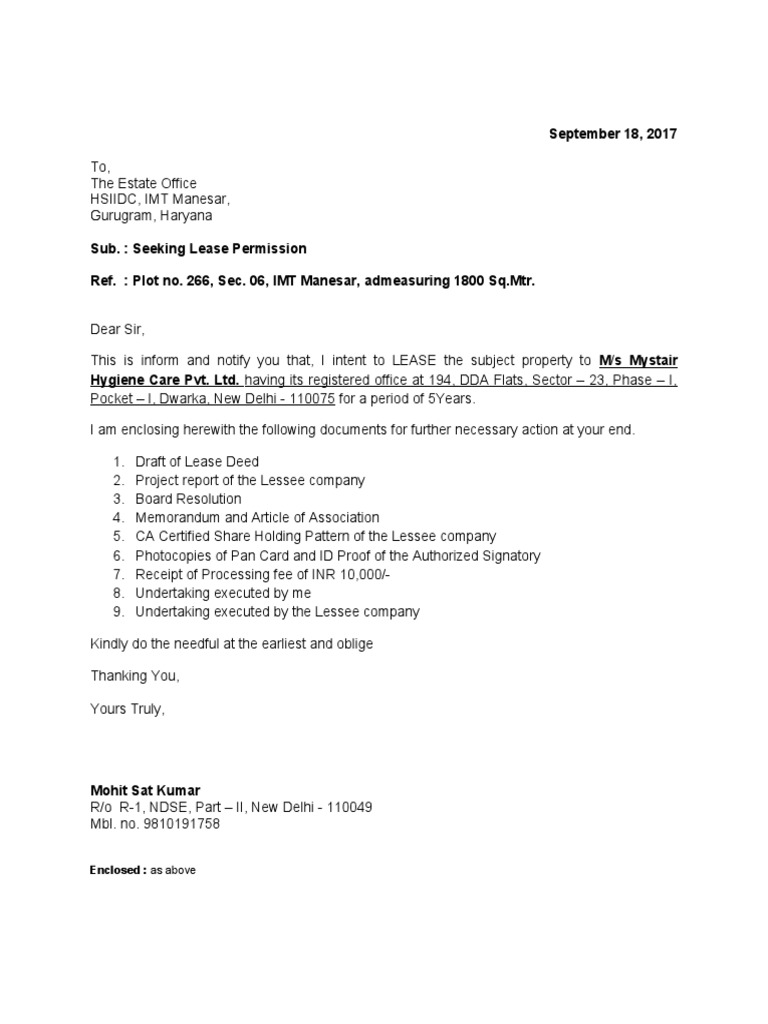 Leasing Permission Letter | PDF | Lease | Property Law