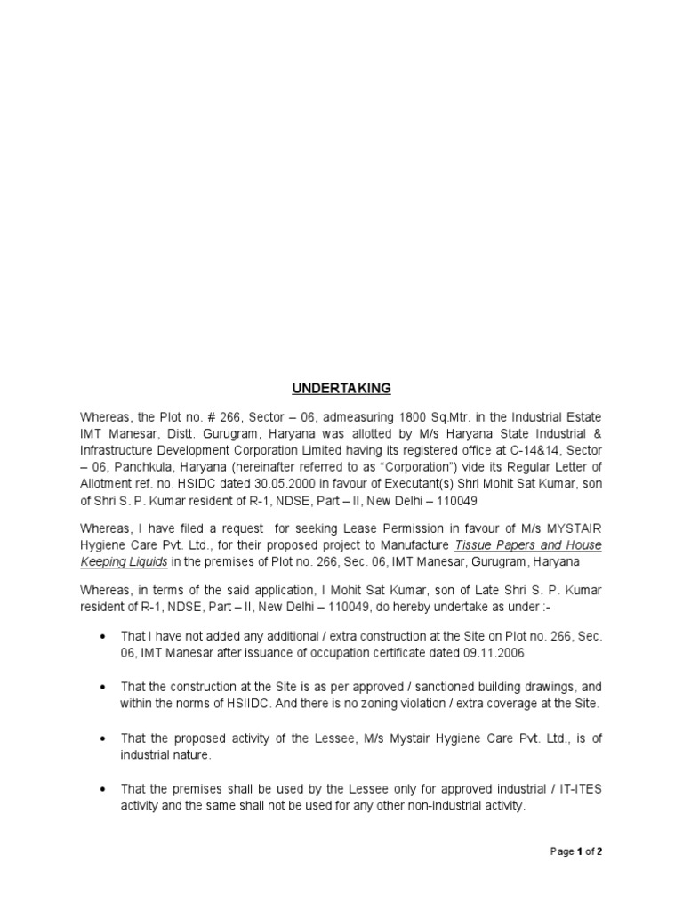 Undertaking: Keeping Liquids in The Premises of Plot No. 266, Sec. 06, IMT Manesar, Gurugram ...