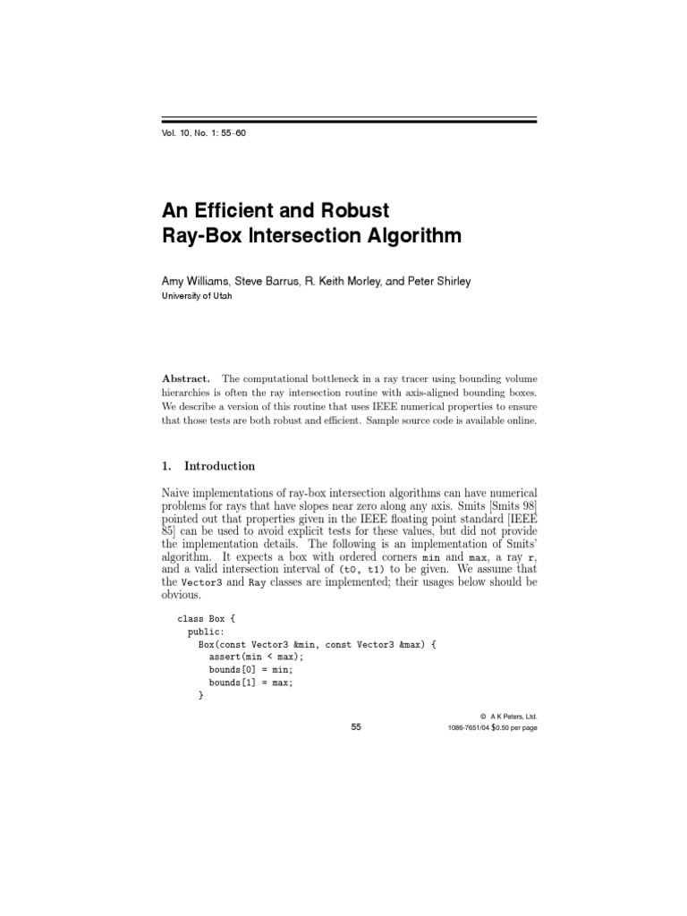 An Efficient And Robust Ray Box Intersection Algorithm Vol 10 No 1 55 60 Pdf Interval 