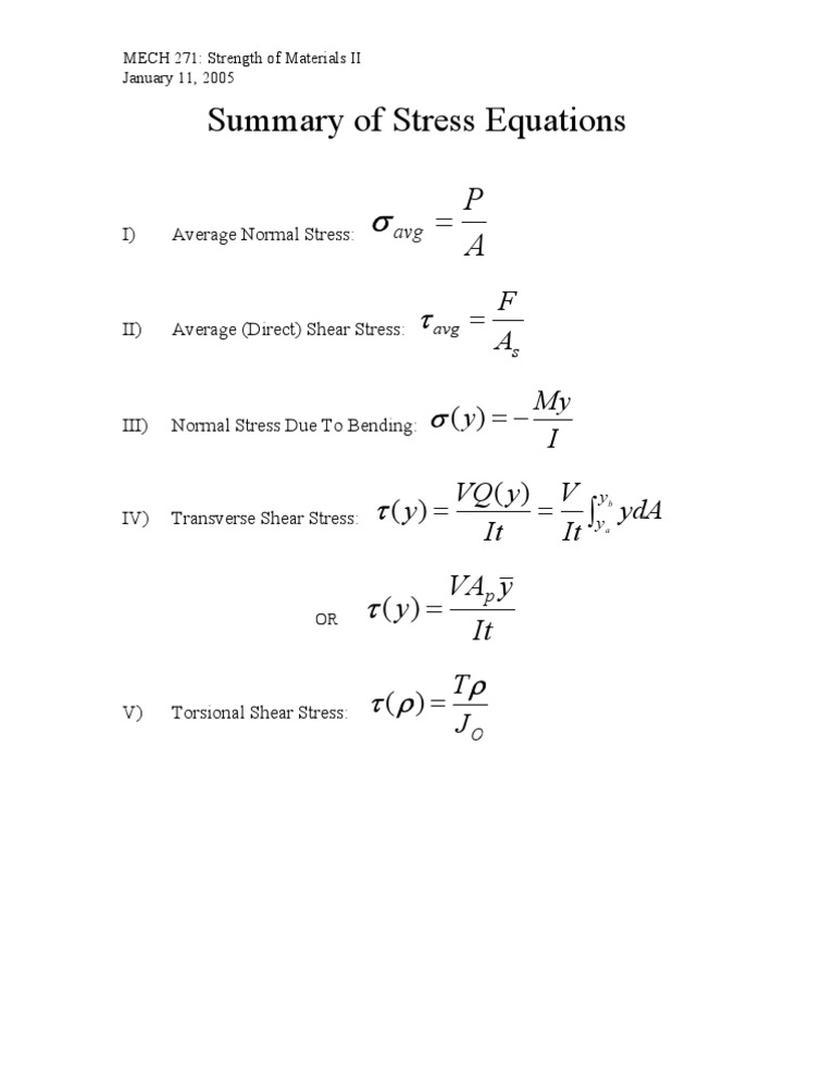 MECH271 Stress Equations | PDF