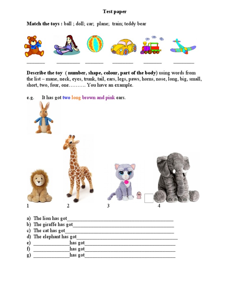 Test Paper Match The Toys: Ball Doll Car Plane Train Teddy Bear | PDF