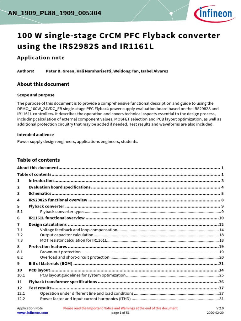 100 W Single-Stage CRCM PFC Flyback Converter Using The Irs2982S and Ir1161L | PDF | Field ...