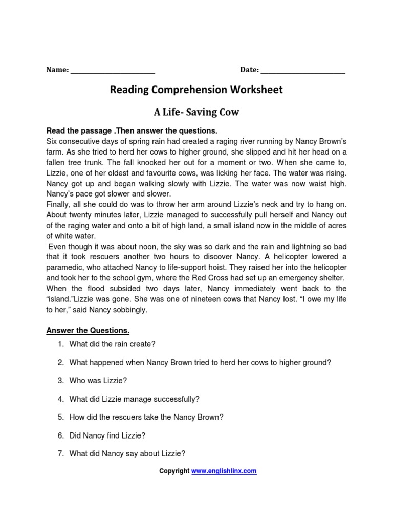 Reading Comprehension Worksheet: A Life-Saving Cow | PDF | Weather | Nature