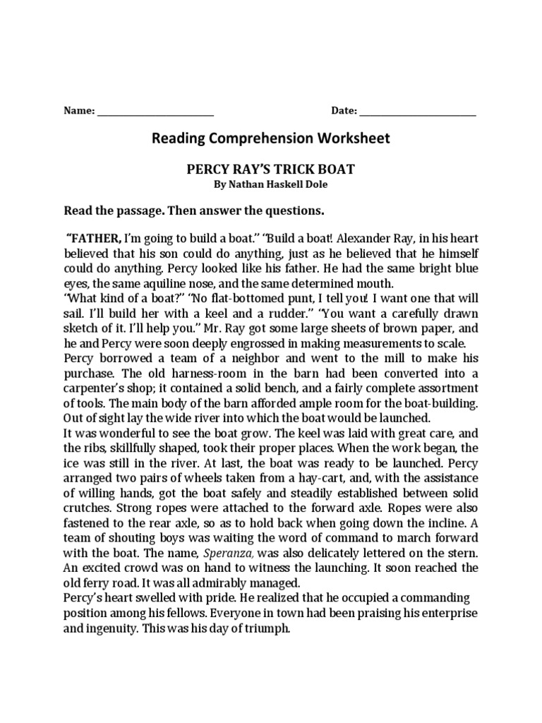 Reading Comprehension Worksheet: Percy Ray'S Trick Boat | PDF ...