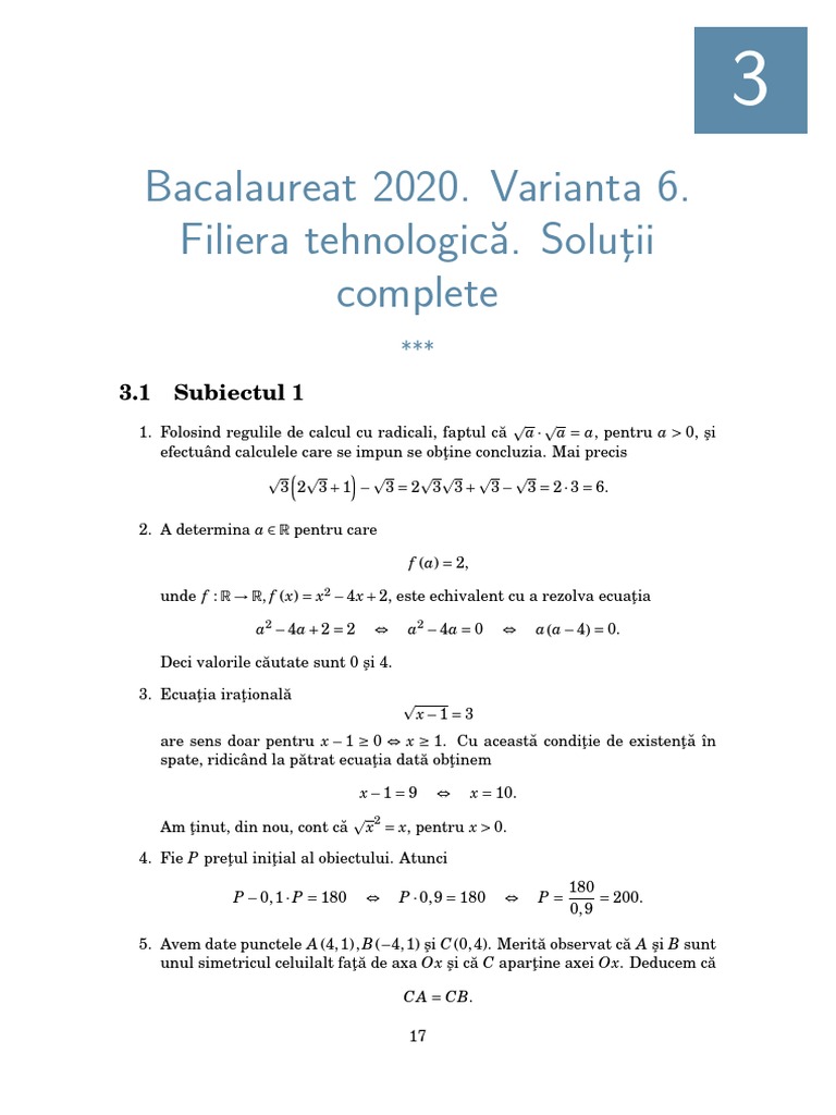 Rezolvare Subiecte Bacalaureat 2020 - Matematica-Tehnologic | PDF