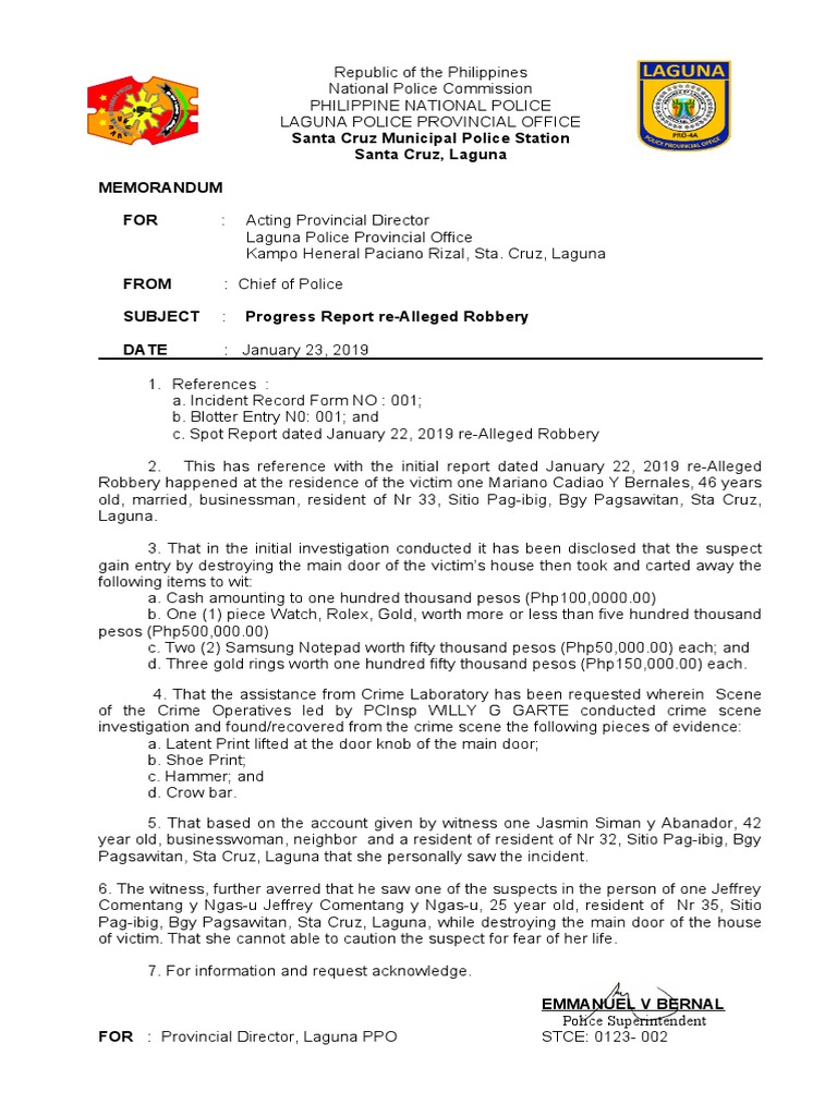 Santa Cruz Municipal Police Station Santa Cruz, Laguna Memorandum FOR ...