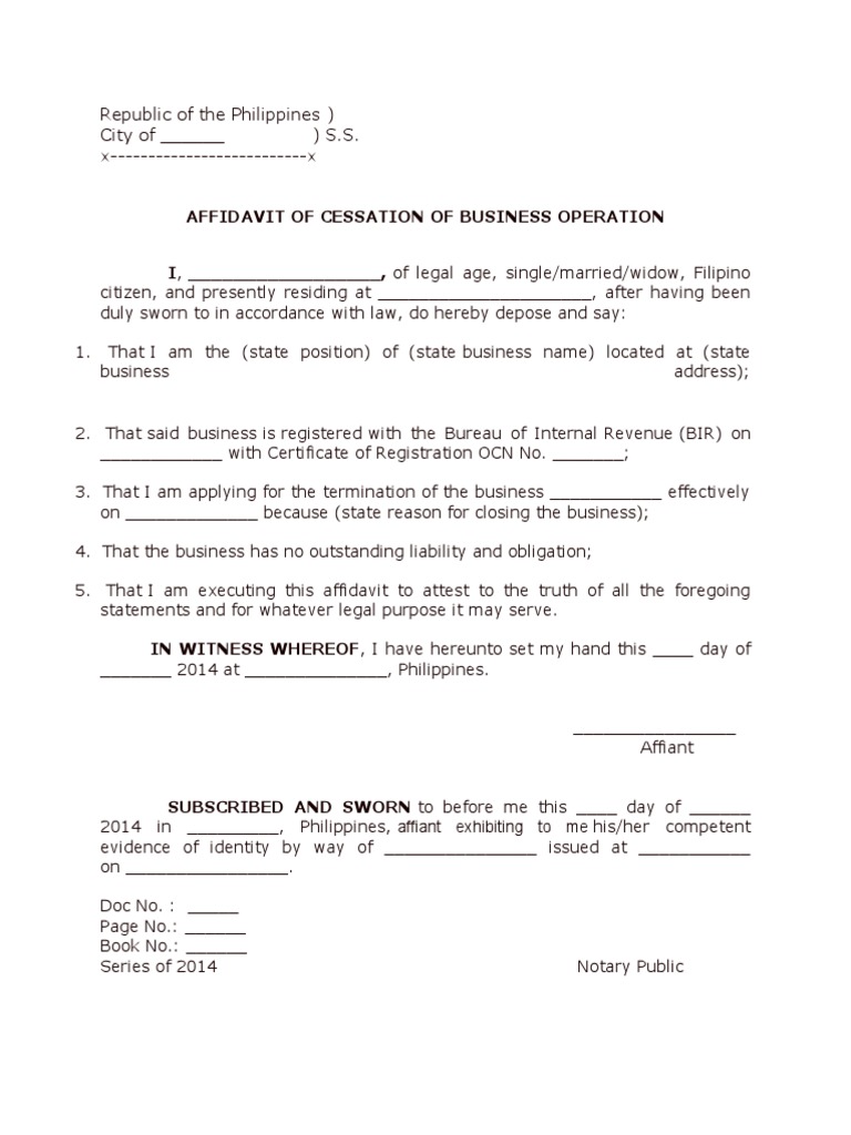Affidavit of Closure of Business | PDF | Affidavit | Comparative Law