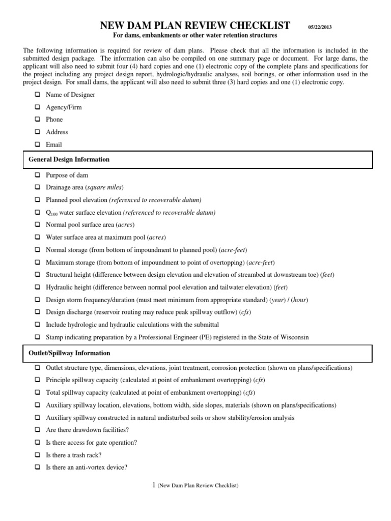 Checklist for Reviewing Dam Plans and Ensuring Compliance with Design ...
