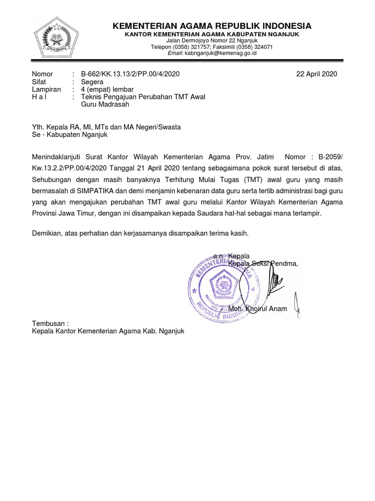 Surat Tata Cara Teknis Persetujuan Perubahan TMT guru-TL | PDF