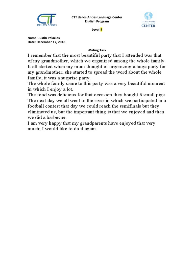 CTT de Los Andes Language Center English Program Level 3 Name: Justin ...