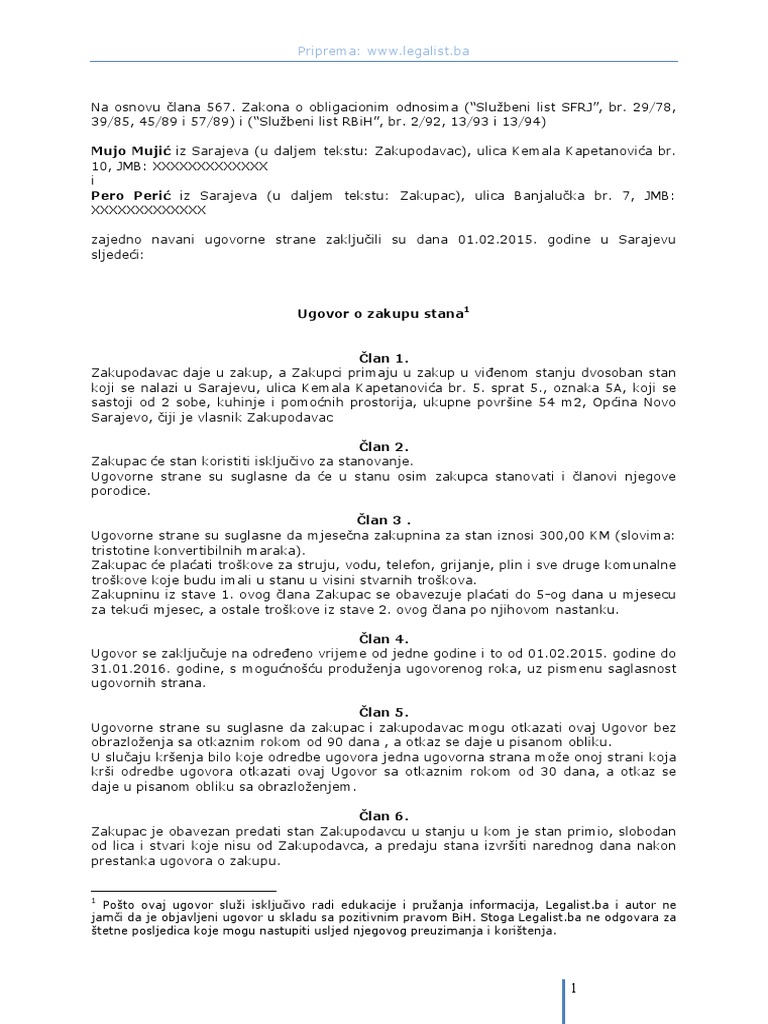 Ugovor o Zakupu Stana Primjer | PDF