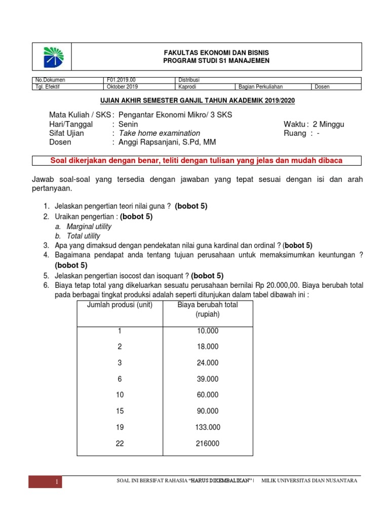 Soal UAS - Pengantar Ekonomi Mikro PDF | PDF