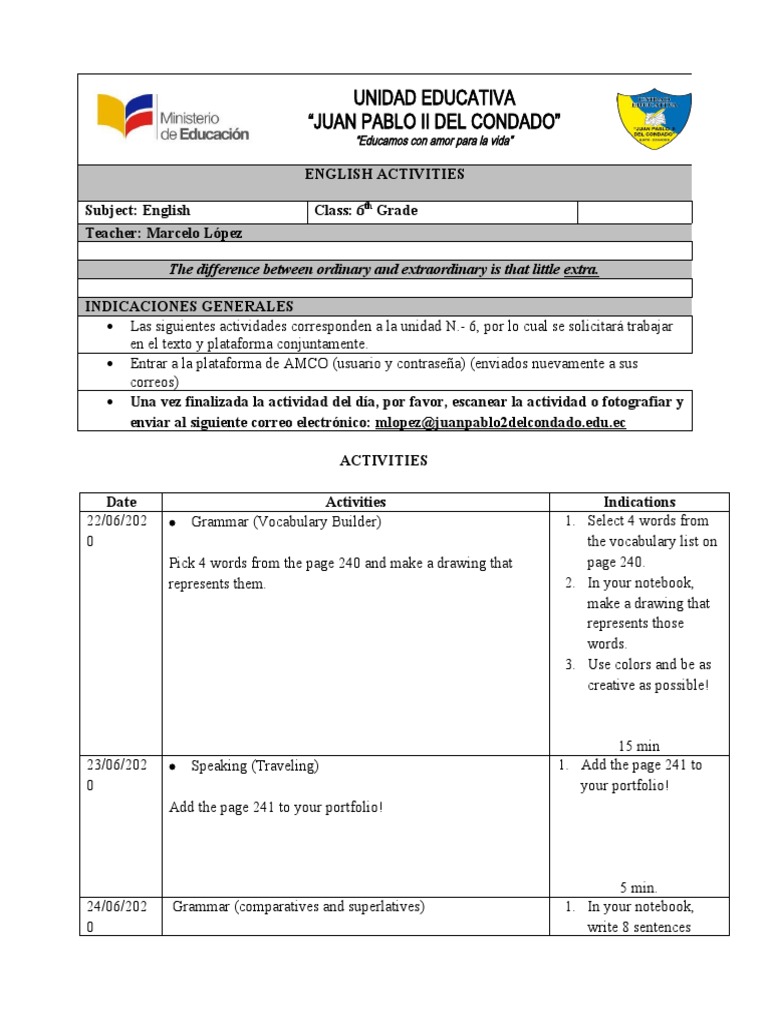 Unidad Educativa "Juan Pablo Ii Del Condado": English Activities ...