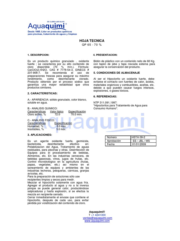 Hoja Tecnica Cloro Granulado QP | PDF | Cloro | Agua