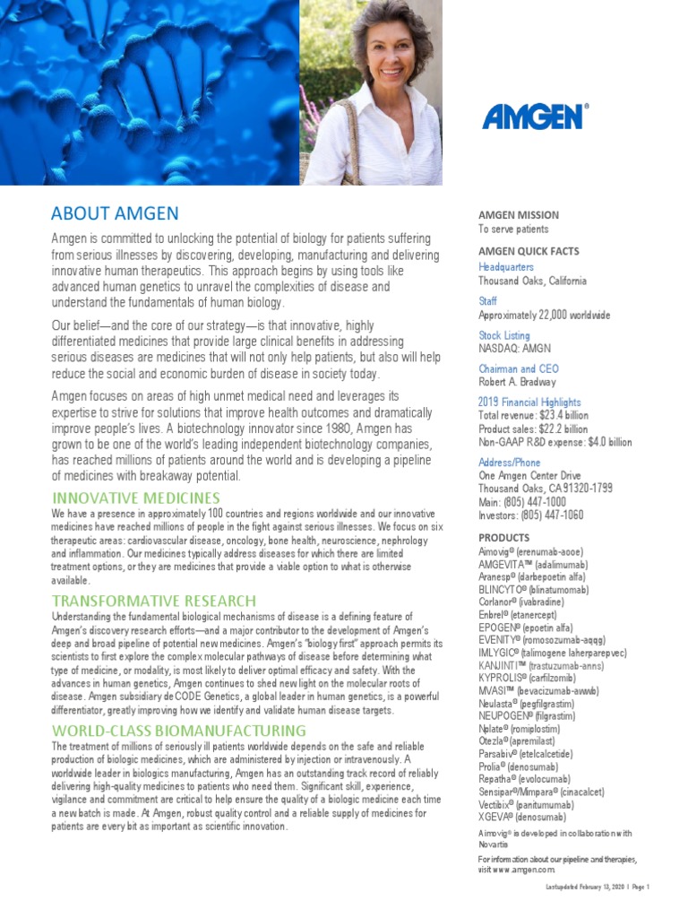 Amgen Fact Sheet 2020 PDF | PDF | Biopharmaceutical | Biotechnology