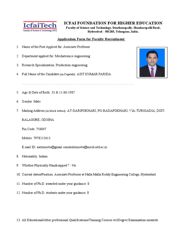 Icfai Foundation For Higher Education: Application Form For Faculty ...