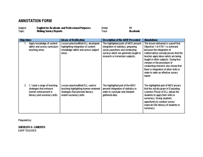 Sample Annotation For Objective 2 of KRA 1 | PDF | Lesson Plan | Literacy