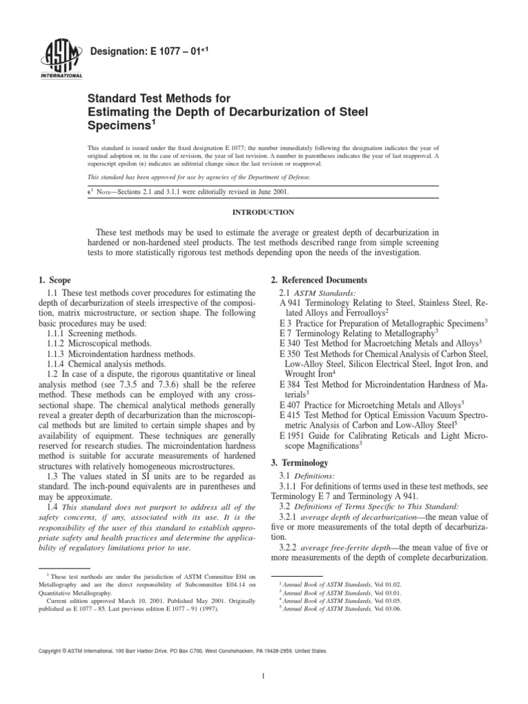 ASTM E 1077 - 01 Decarburaciòn PDF | PDF | Heat Treating | Steel