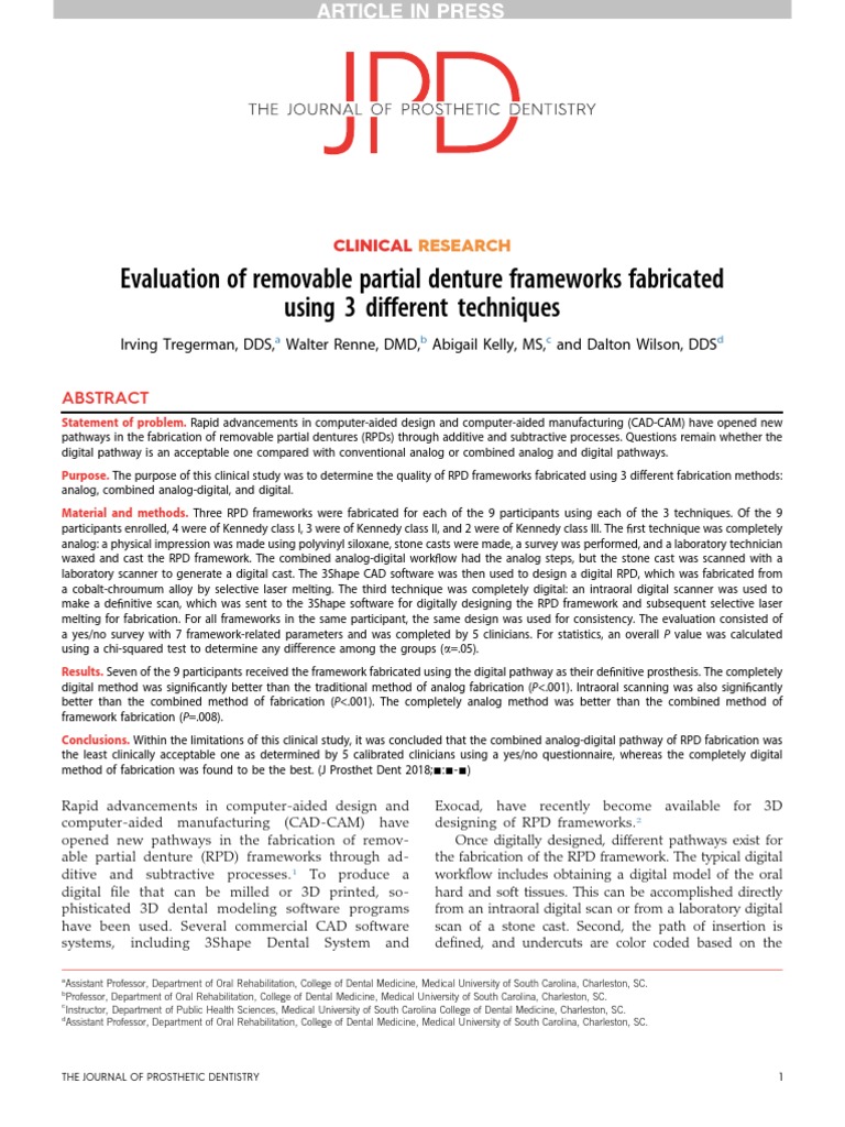 Evaluation of Removable Partial Denture Frameworks Fabricated Using 3 ...