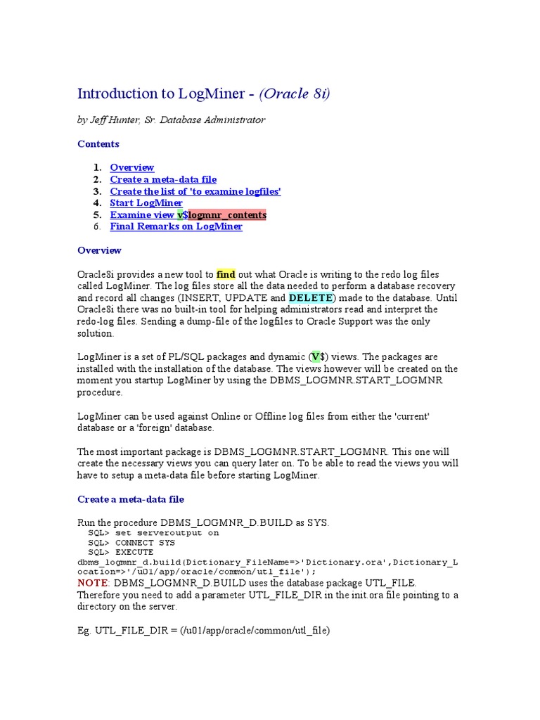 An Introduction to LogMiner: Using Oracle's Tool to Analyze Redo Log Files | PDF | Databases ...