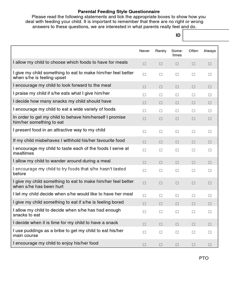 Parental Feeding Style Questionnaire: Never Rarely Some-Times Often ...