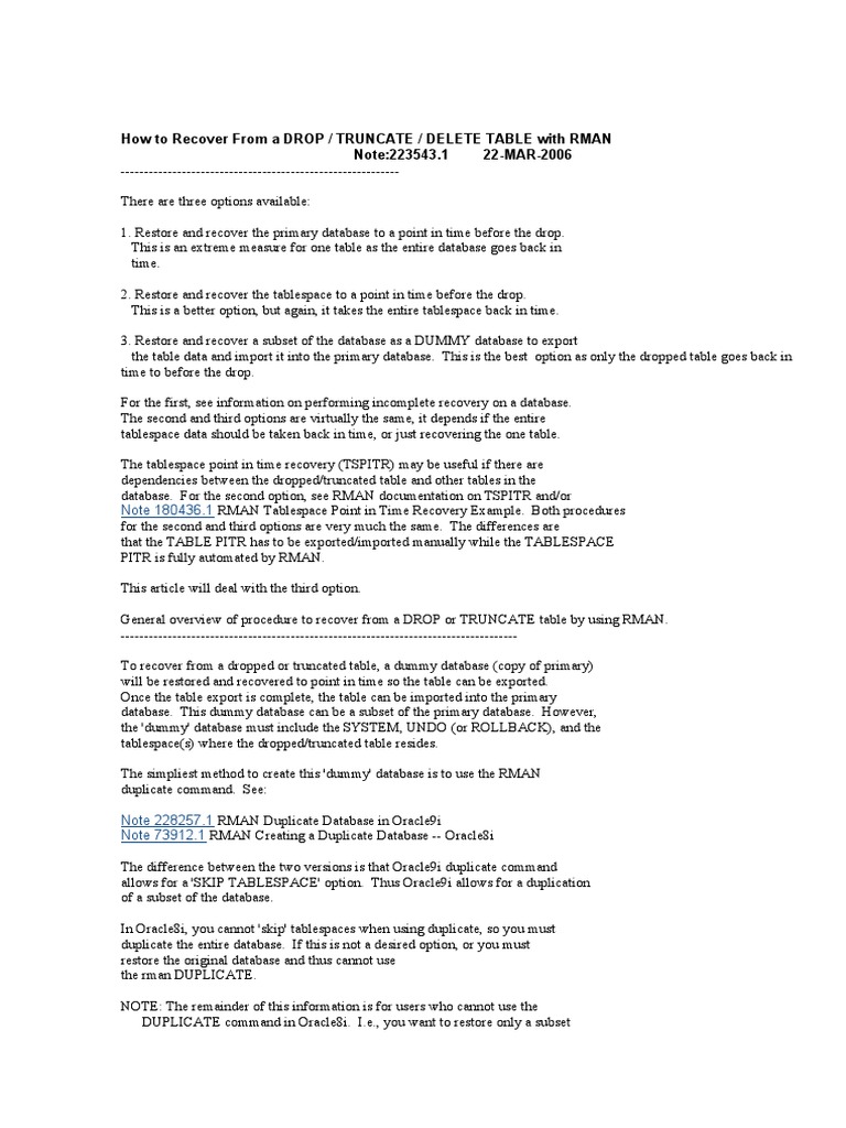 Recover Table With RMAN | PDF | Databases | Computer File