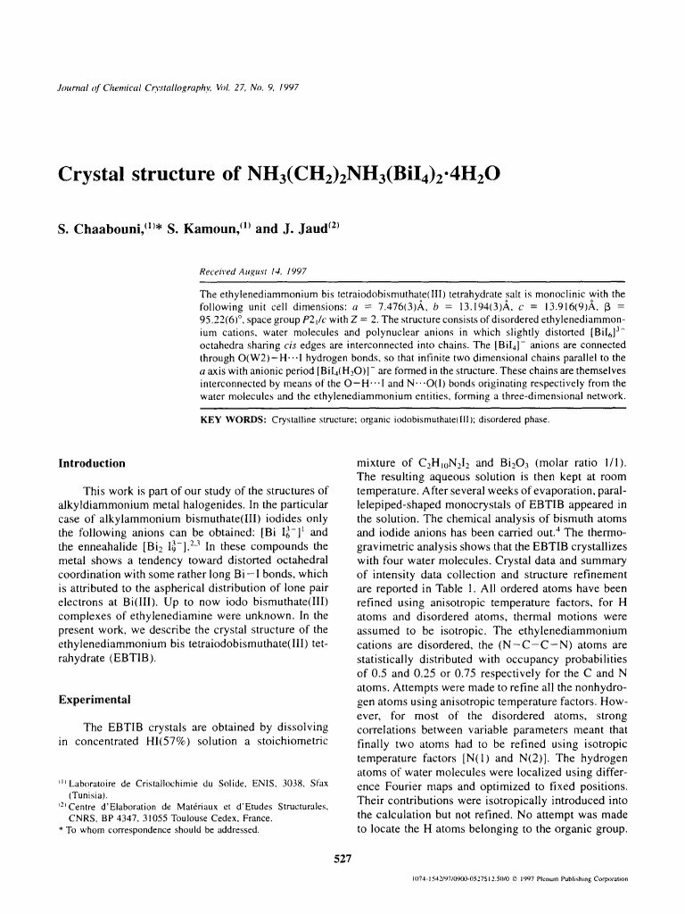 Chaabouni1991 Crystal Structure of NH3 (CH2) 2NH3 (BiI4) 2 4H20 | PDF ...