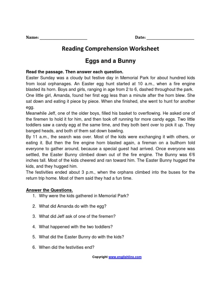 Reading Comprehension Worksheet: Eggs and A Bunny | PDF | Easter