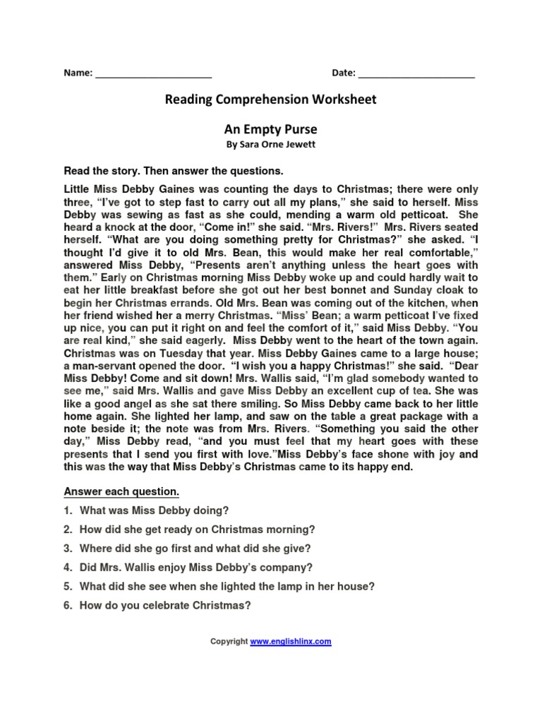 Reading Comprehension Worksheet An Empty Purse | PDF