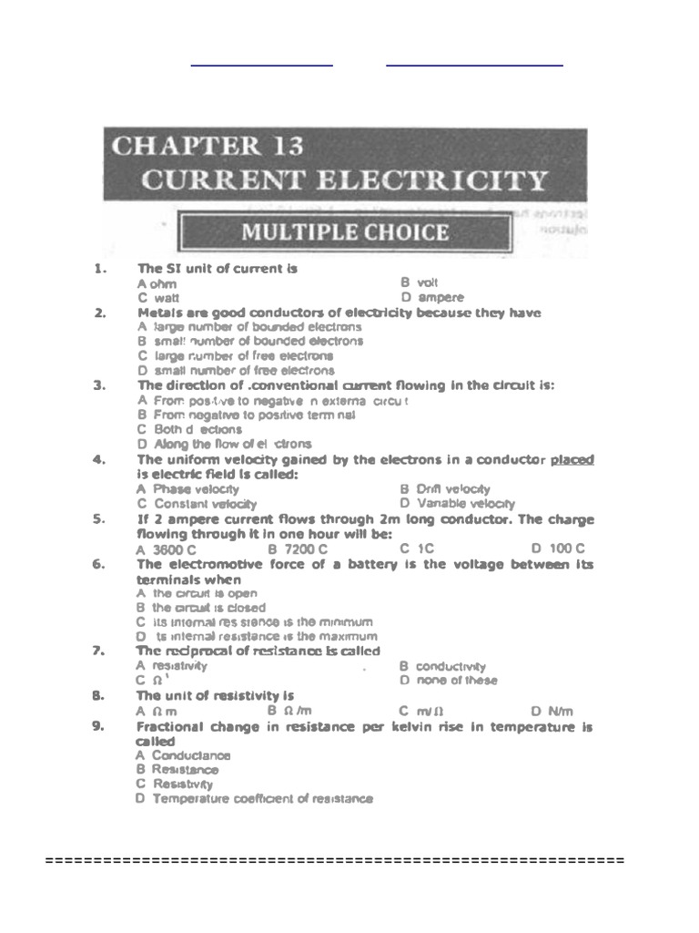 2nd Year Physics Chapter 13 MCQ | PDF | Electrical Resistance And ...