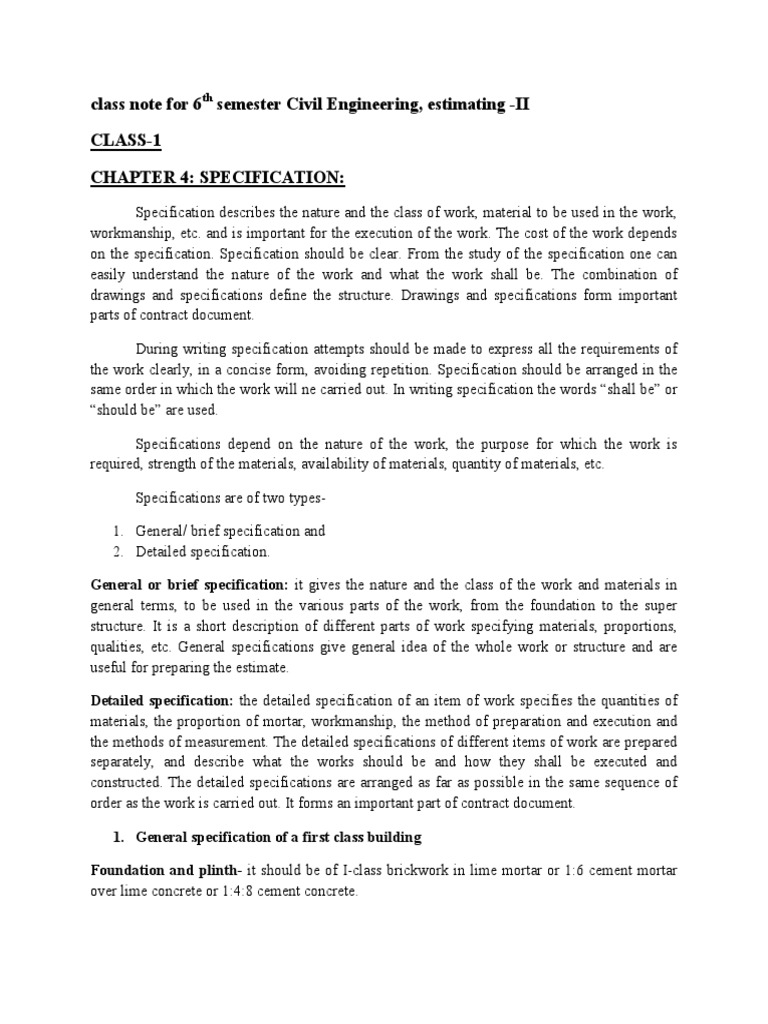 Class Note For 6 Semester Civil Engineering, Estimating - II Class-1 Chapter 4: Specification ...