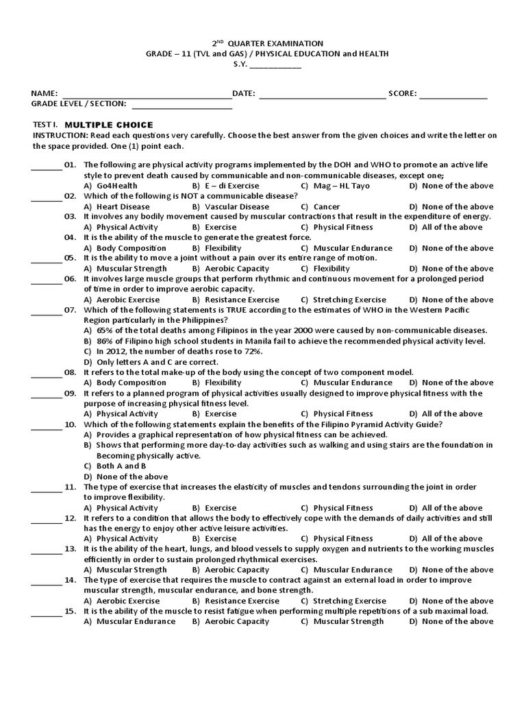 Grade 11 PE & Health Exam Review | PDF | Strength Training | Physical ...