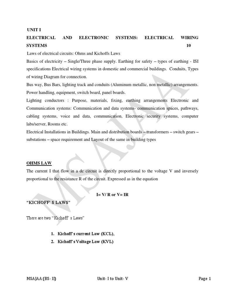 Unit I Electrical AND Electronic Systems: Electrical Wiring Systems 10 ...