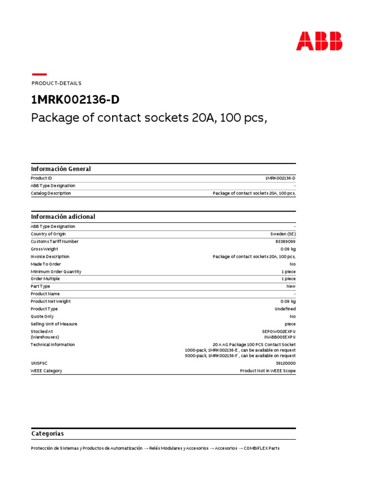 1MRK002136-D: Package of Contact Sockets 20A, 100 PCS | PDF | Business ...