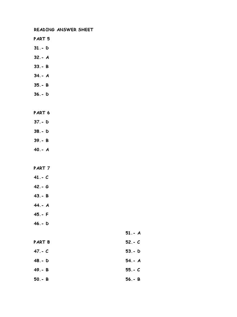 Reading Answer Sheet | PDF | Teaching Methods & Materials