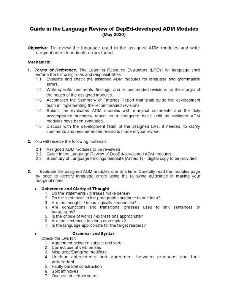 Guide in The Language Review of Deped-Developed Adm Modules | PDF ...