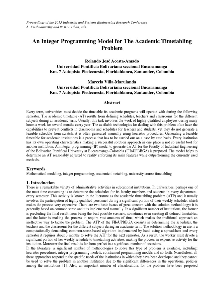 An Integer Programming Model For The Academic Timetabling Problem | PDF | Time Complexity ...