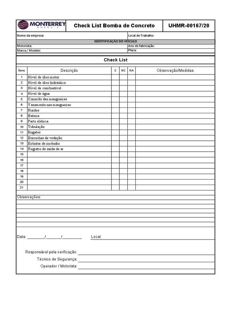 Check List Bomba de Concreto | PDF