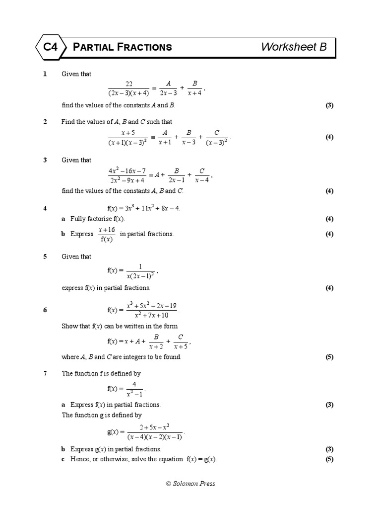 Partial Fractions Worksheet B | PDF | Fraction (Mathematics) | Discrete ...