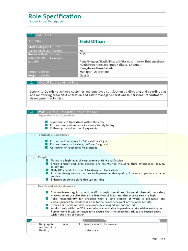 Role Specification: Field Officer | PDF | Human Resources | Recruitment