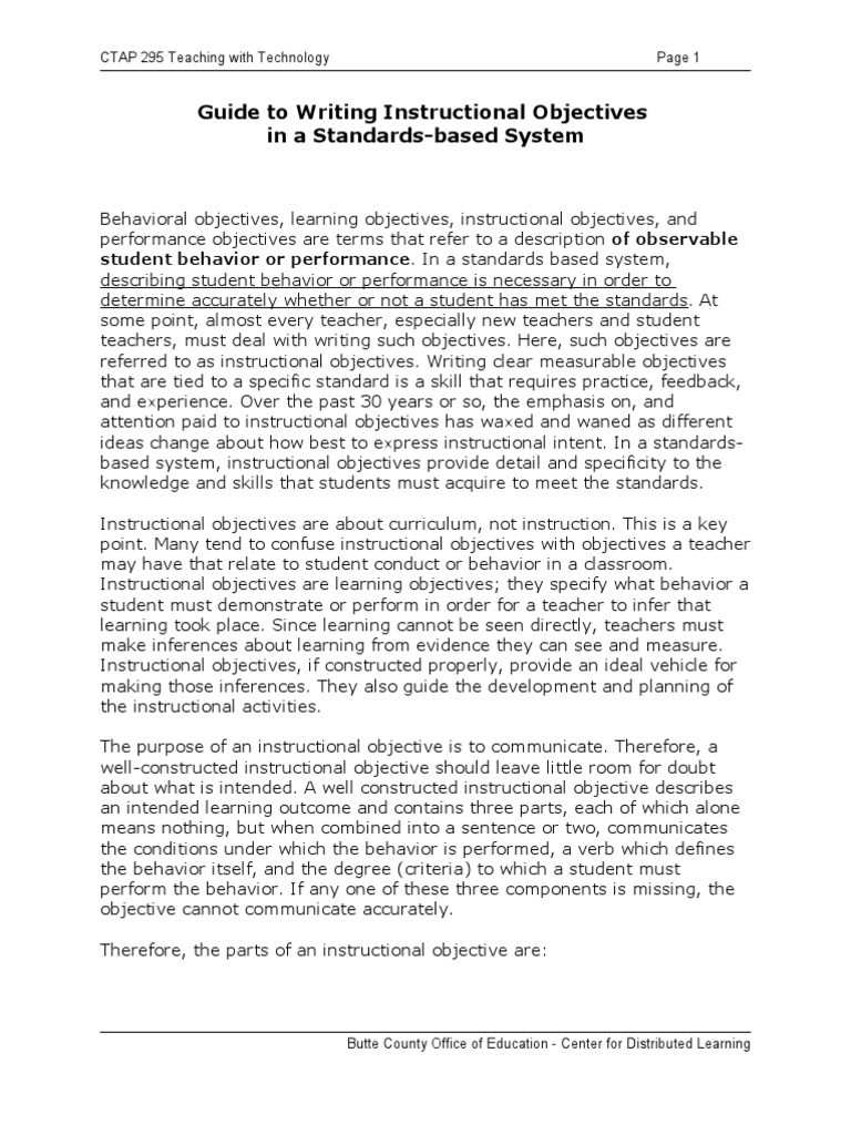 Guide To Writing Instructional Objectives in A Standards-Based System ...
