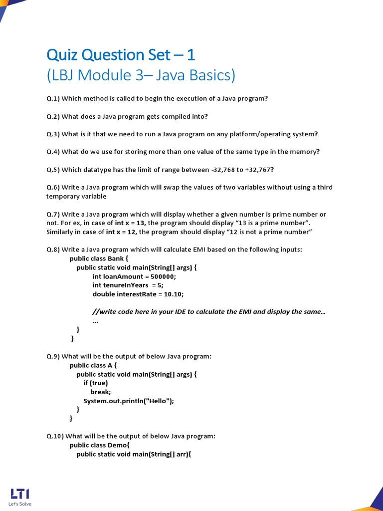 Quiz Question Set-1 (LBJ - Java Basics) | PDF