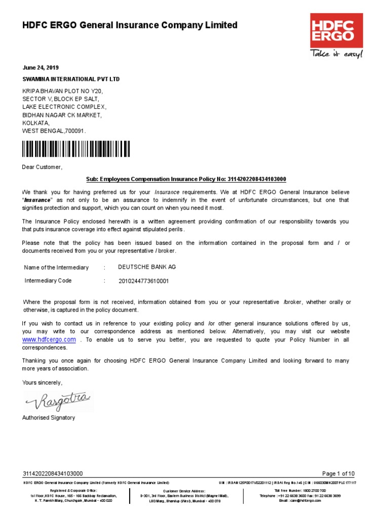 SWAMINA INTERNATIONAL PVT LTD WC Policy | PDF | Indemnity | Insurance