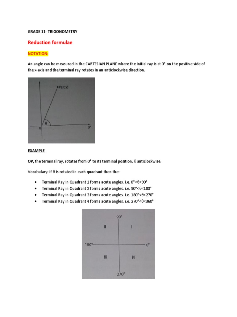 Trig Reduction for Grade 11 Students | PDF | Cartesian Coordinate ...