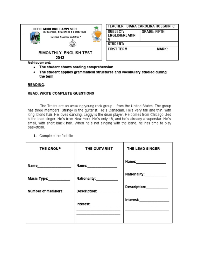 Bimonthly English Test 2013: Liceo Moderno Campestre | PDF | Spartacus ...