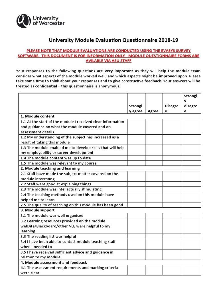 Module Evaluation Questionnaire 2018-19 | PDF | Educational Assessment ...