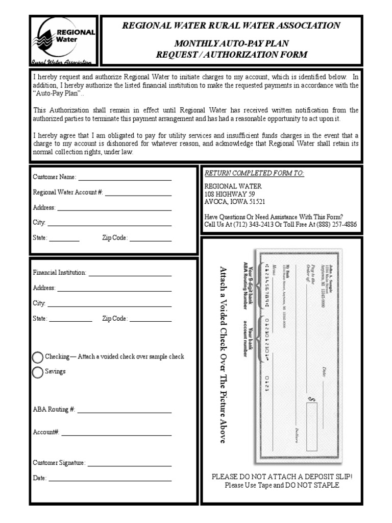 Regional Water Rural Water Association: Monthly Auto-Pay Plan Request ...