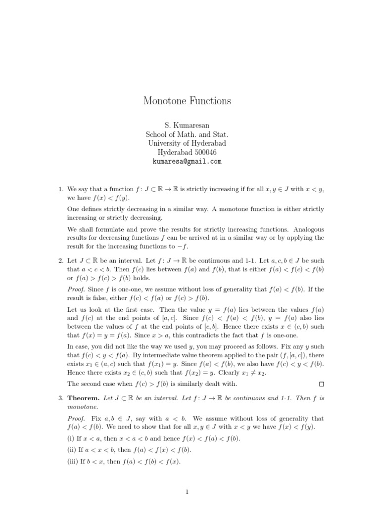 Monotone Functions: Properties of Strictly Increasing Continuous Functions | PDF | Monotonic ...