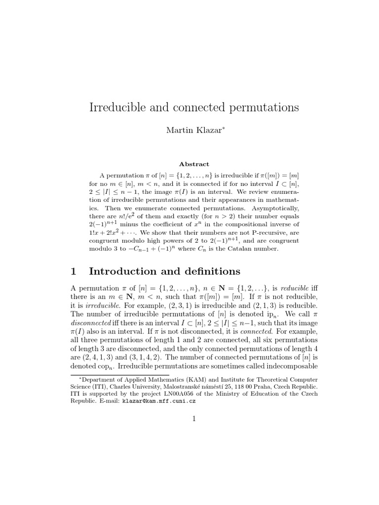 Enumeration of Irreducible and Connected Permutations | PDF | Permutation | Mathematical Concepts