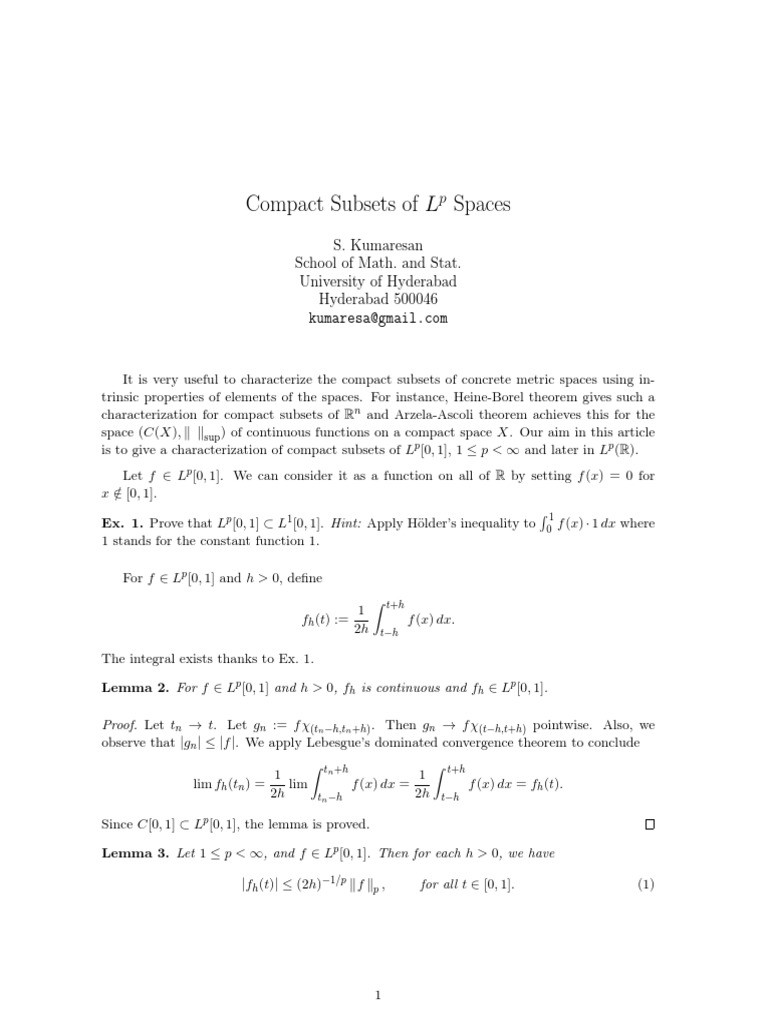 Compact Subsets Of L Spaces N Sup P P P Pdf Compact Space Continuous Function